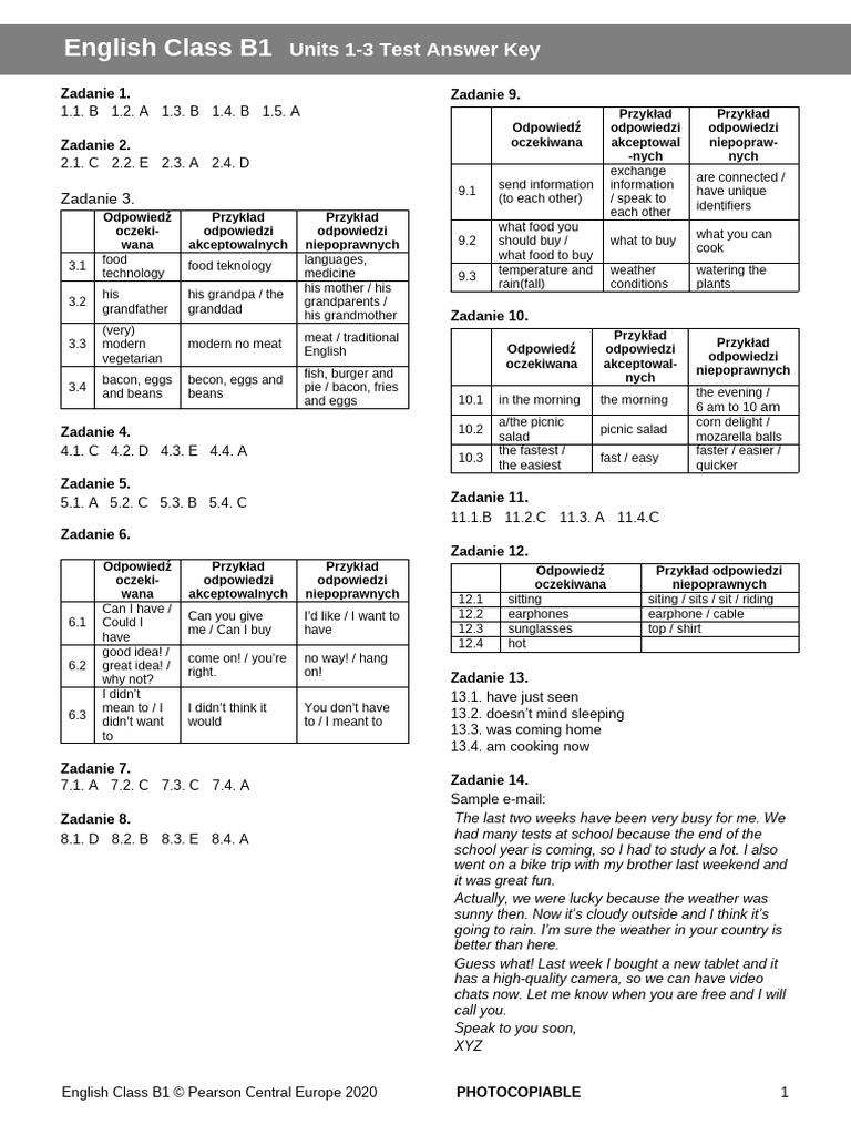 English Class B1 Units 1-3 Test Answer Key | PDF | Cuisine | Foods