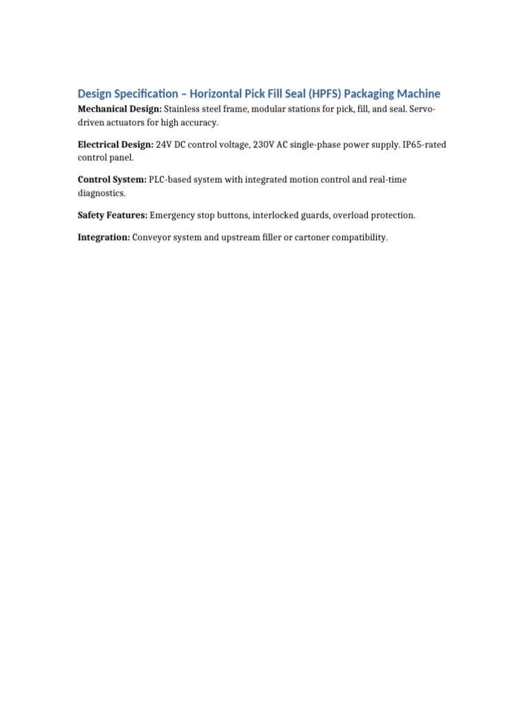 HPFS Packaging Machine Design Specs | PDF
