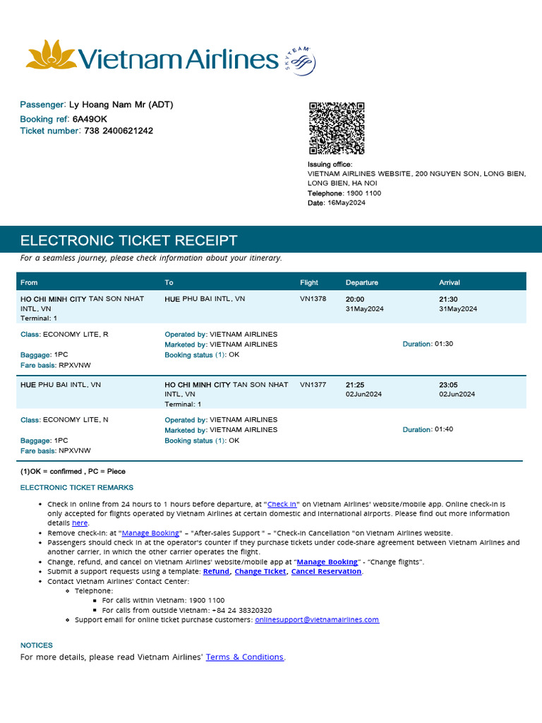 Electronic Ticket-EMD Receipt 31MAY For HOANG NAM LY | PDF