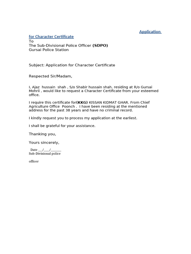 Character Certificate Application | PDF