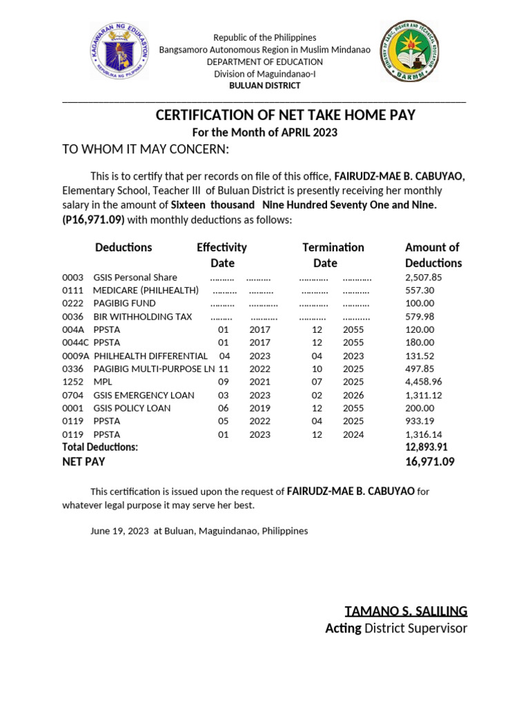 Certificate of Net Pay for Teachers | PDF | Business | Social Programs