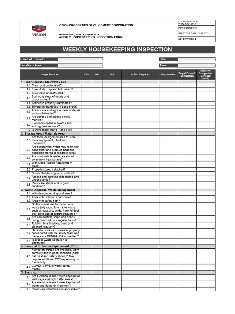 VPDC.1.404.005.01-Housekeeping Checklist Project Site (Weekly) | PDF ...