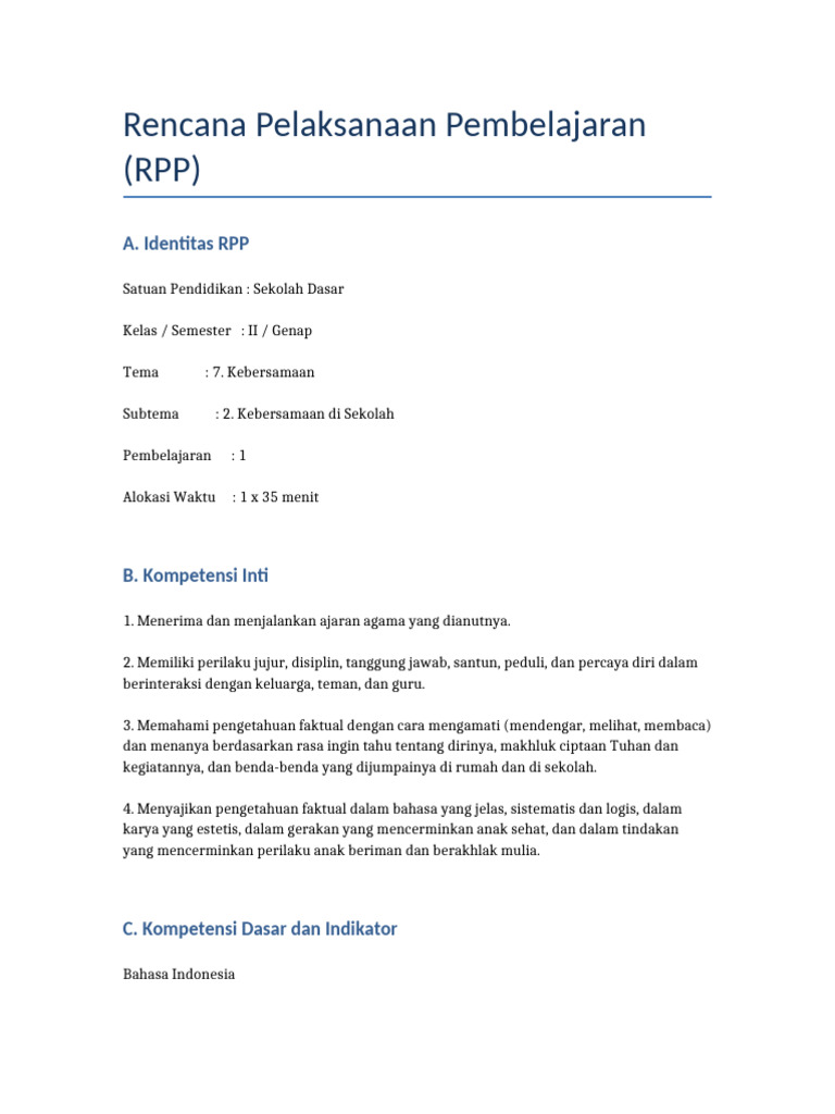 RPP Kelas 2 Tema 7 Subtema 2 Pembelajaran 1 | PDF