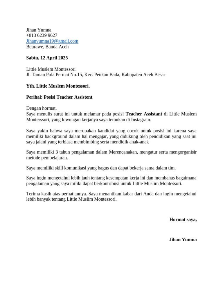 Cover Letter Jihan Yumna | PDF