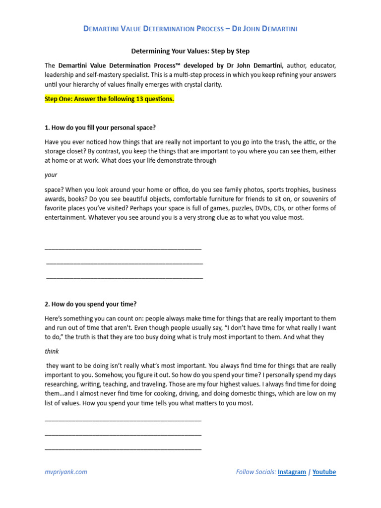 Demartini's 13 Value Questions Guide | PDF | Thought | Psychological ...