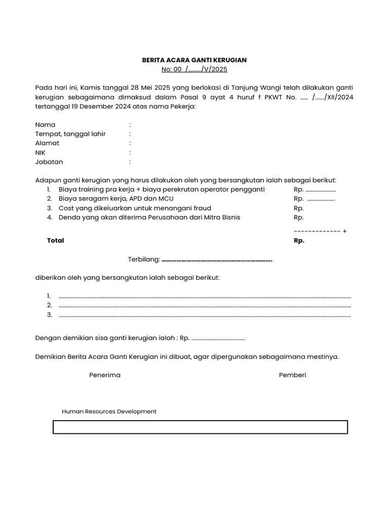 BERITA ACARA GANTI KERUGIAN - Contoh | PDF