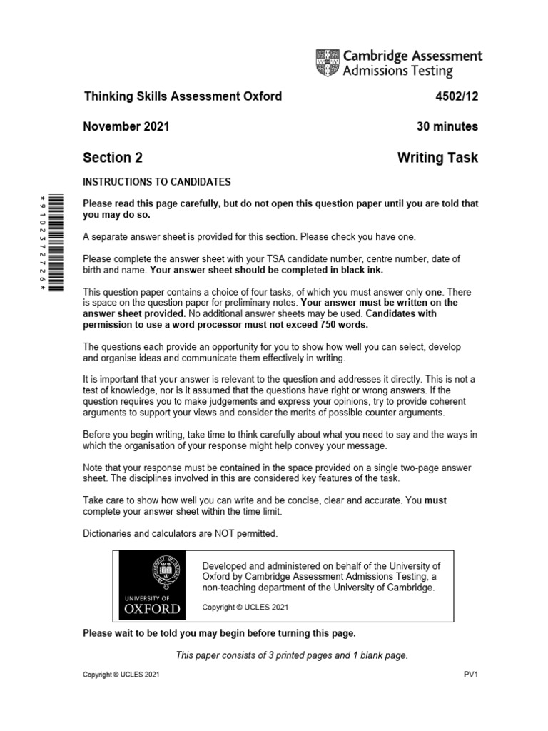 Past Paper Tsa Oxford 2021 Section 2 | PDF