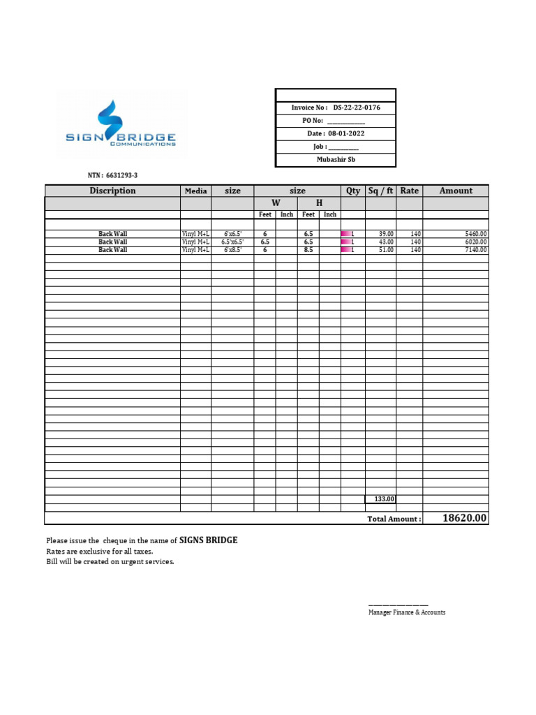 Vinyl Wall Signage Invoice Details | PDF