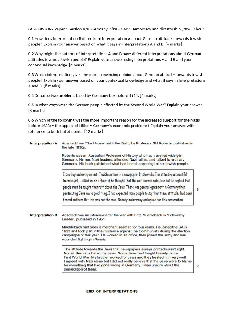 GCSE HISTORY Paper 1 Section A 2020 | PDF