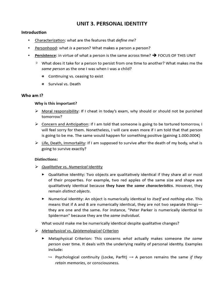 Unit 3. Personal Identity | PDF | Substance Theory | Consciousness