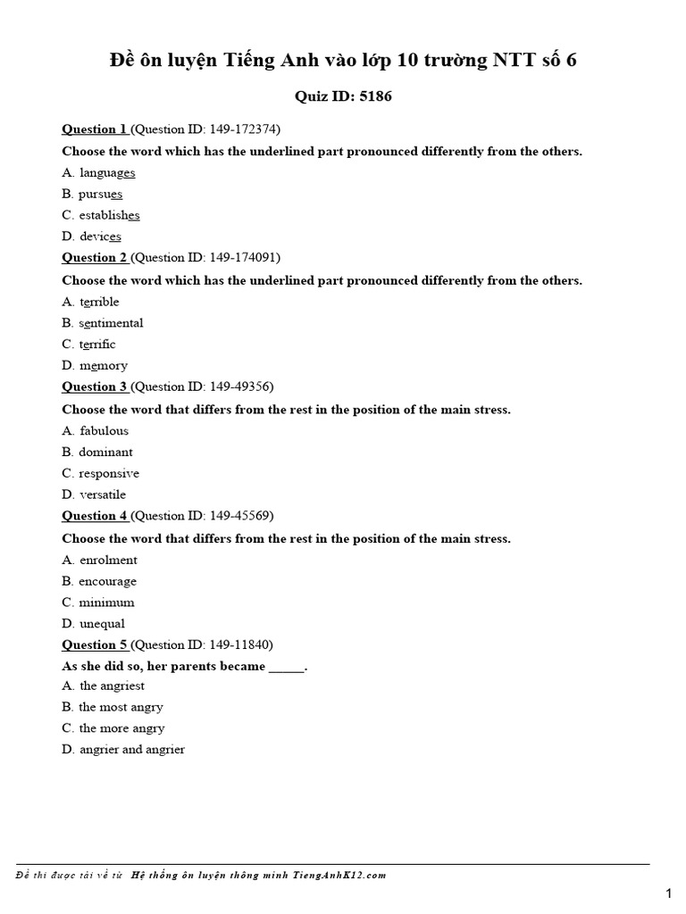 Quiz - 5186 - de On Luyen Tieng Anh Vao Lop 10 Truong NTT So 6 | PDF | Wright Brothers | Telescope