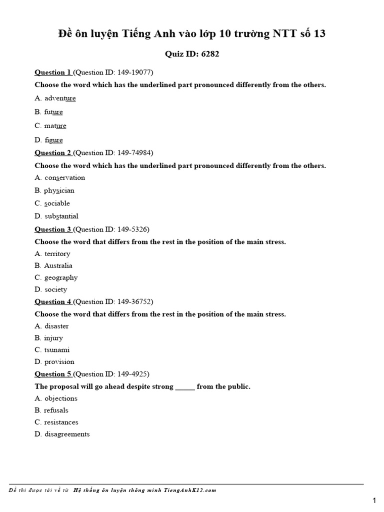 Quiz - 6282 - de On Luyen Tieng Anh Vao Lop 10 Truong NTT So 13 | PDF ...