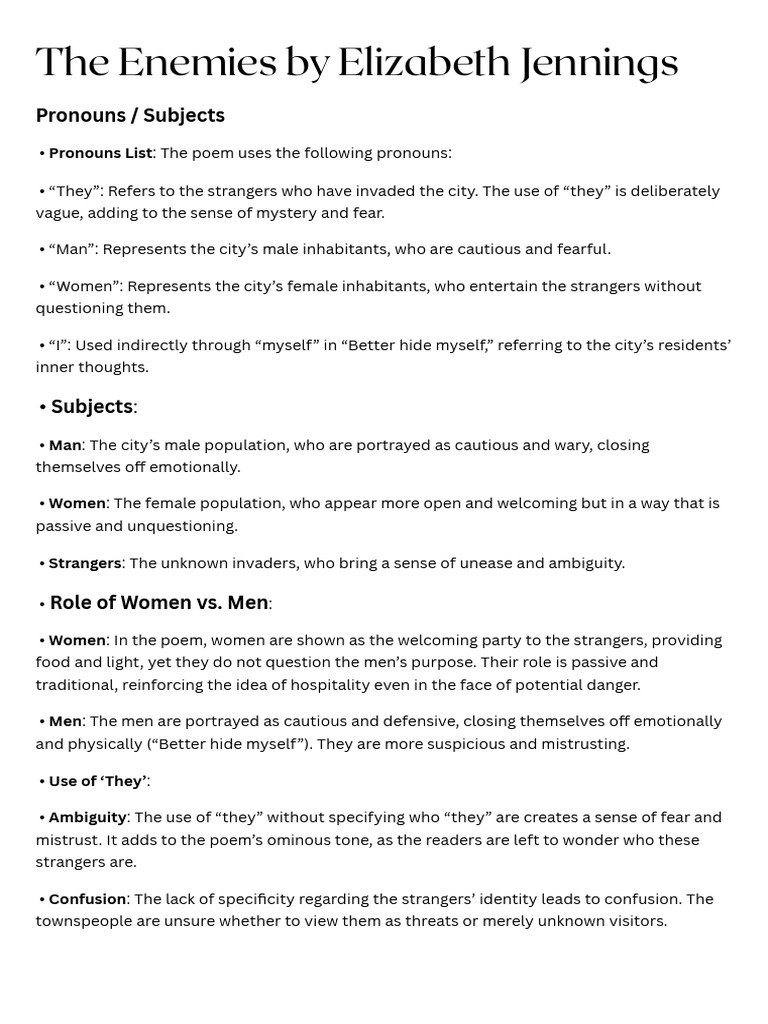 Analysis of "The Enemies" Poem | PDF | Fear | Psychology