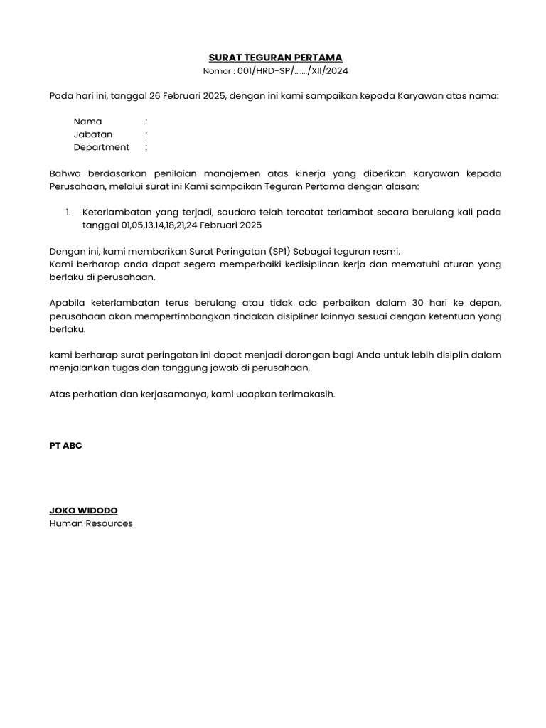 Draft Surat Teguran Karyawan - CONTOH | PDF