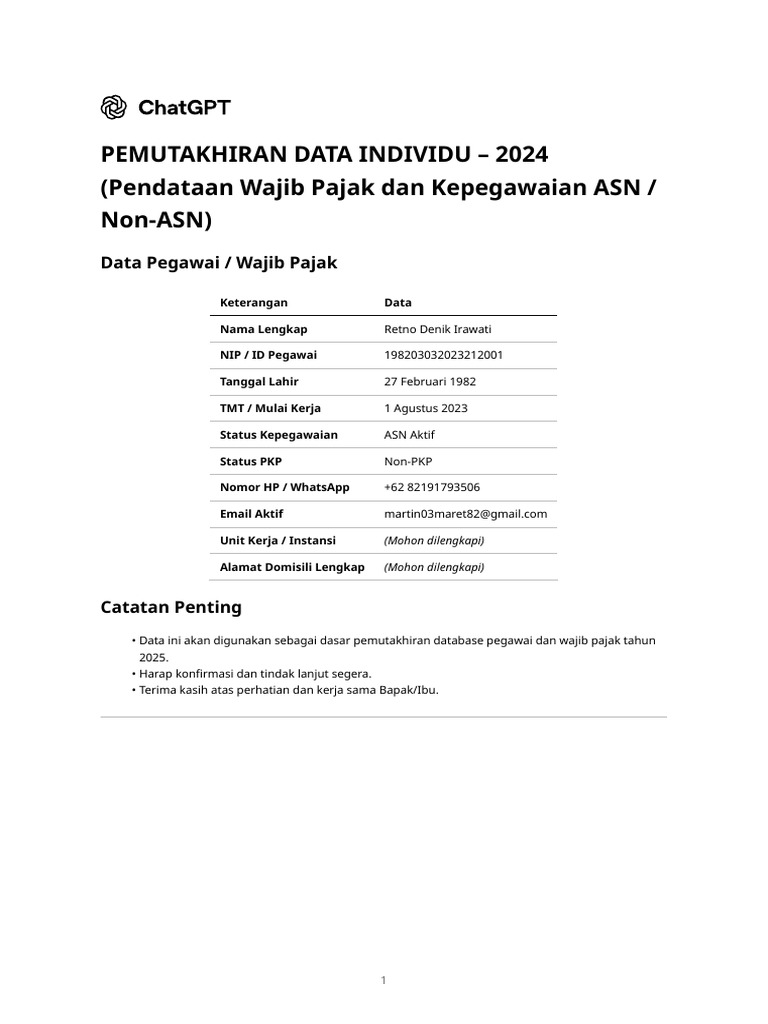 Pemutakhiran Data Individu – 2024 (Pendataan Wajib Pajak Dan Kepegawaian Asn _ Non-Asn) | PDF