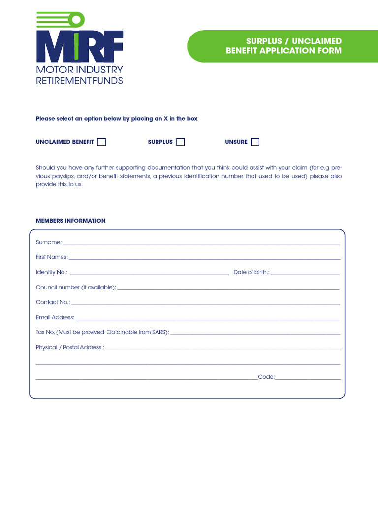 MIRF Unclaimed Benefit Application Form | PDF | Identity Document ...