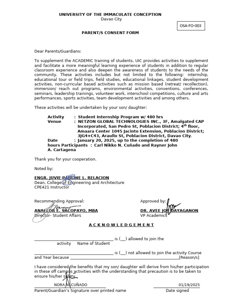 1.18.25 2025 Consent Form For Notarization NETZON Cartagena Cuñado | PDF | Behavior Modification ...
