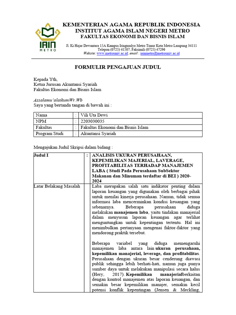 Pengajuan Judul Proposal Penelitian Salinan - Ditandatangani | PDF