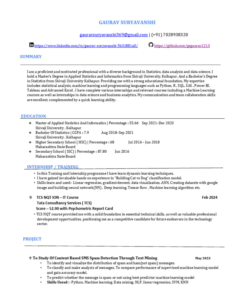 Shine Gaurav Balavant Suryavanshi 0 Yr Data Analyst | PDF | Machine Learning | Data Science