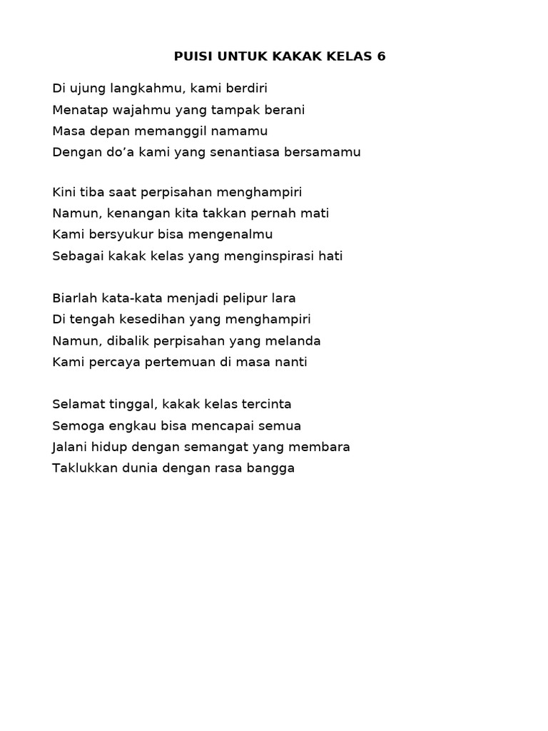 Puisi Perpisahan untuk Kakak Kelas 6 | PDF