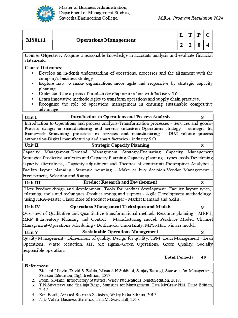 Operations Management Syllabus | PDF | Operations Management | Lean ...