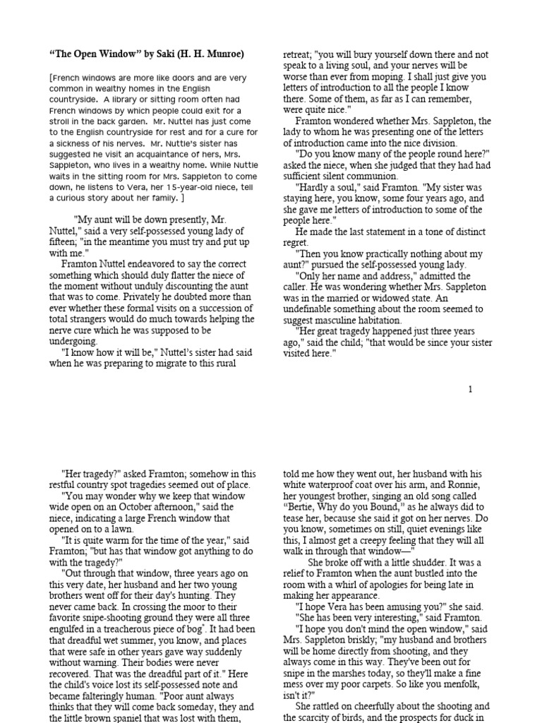 Saki's "The Open Window" Analysis | PDF | Irony | Saki