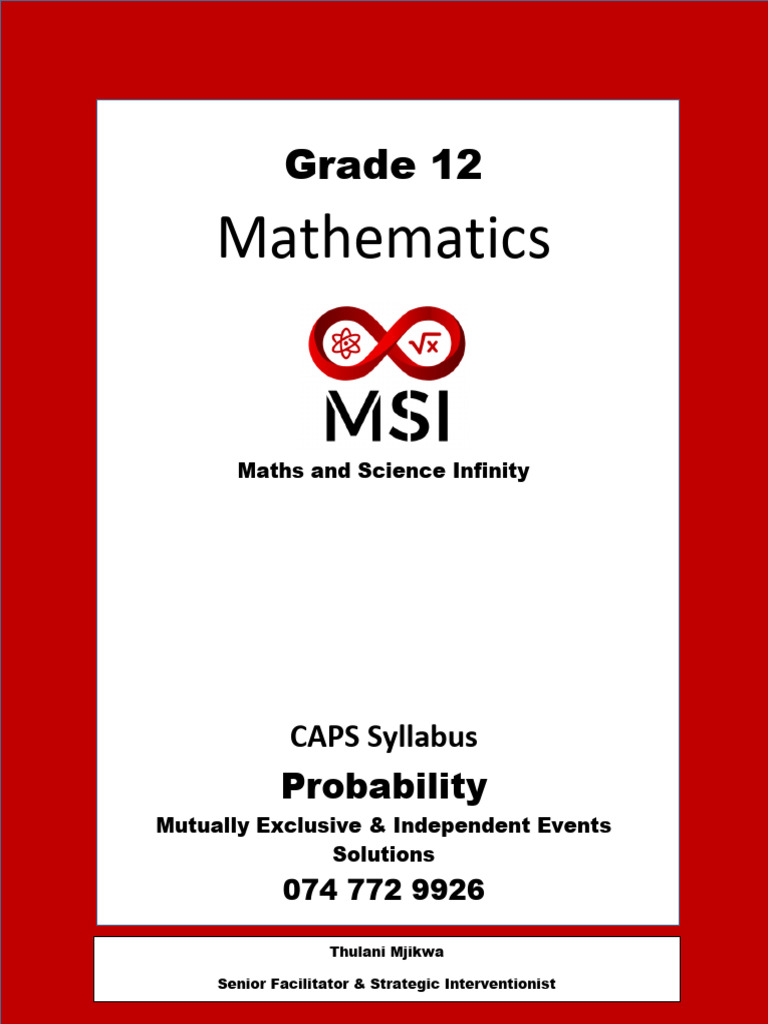 Mutually Exclusive & Independent Events Revision Booklet Solutions ...
