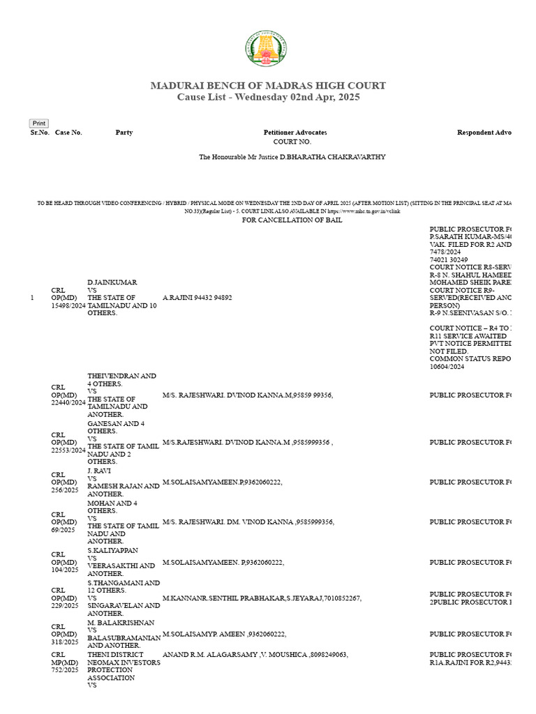 Madurai Bench Cause List for April 2, 2025 | PDF | Tamil Nadu | Tamil ...