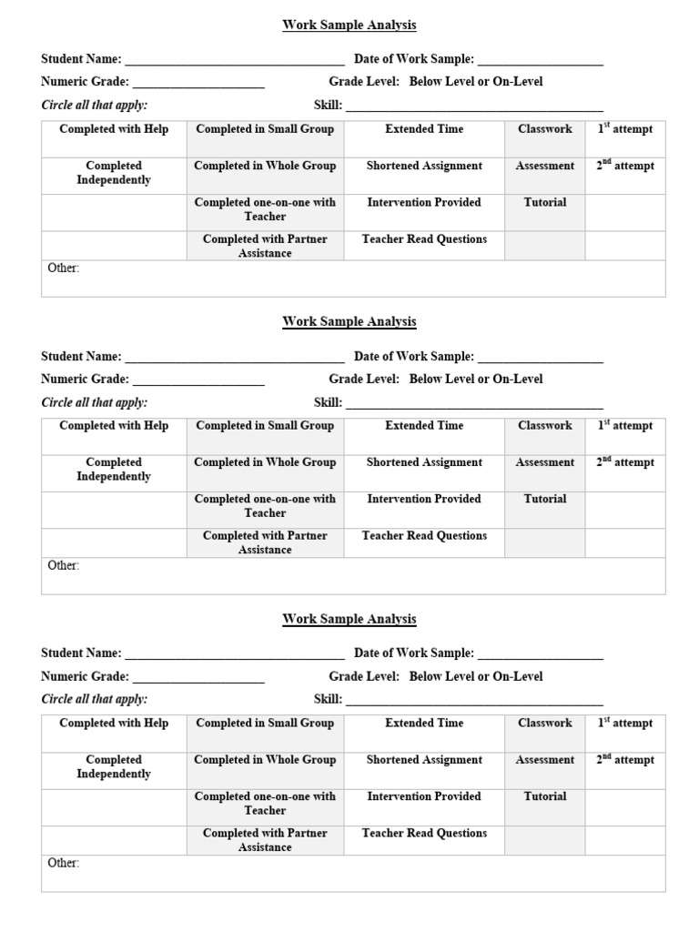 Work Sample Analysis Sheet Teacher | PDF | Learning | Behavior Modification