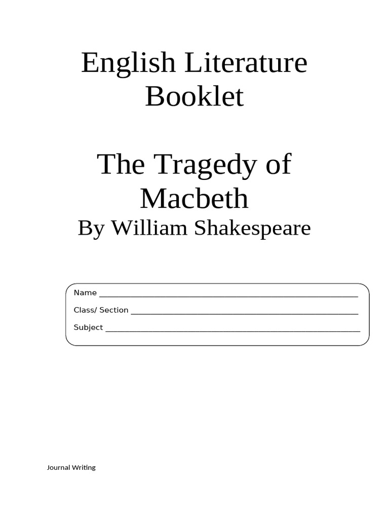 English Literature Booklet The Tragedy of Macbeth: by William ...
