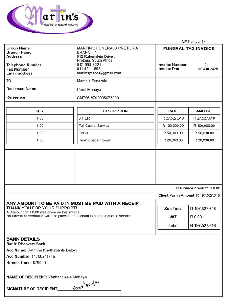 Martin's Funerals Invoice | PDF