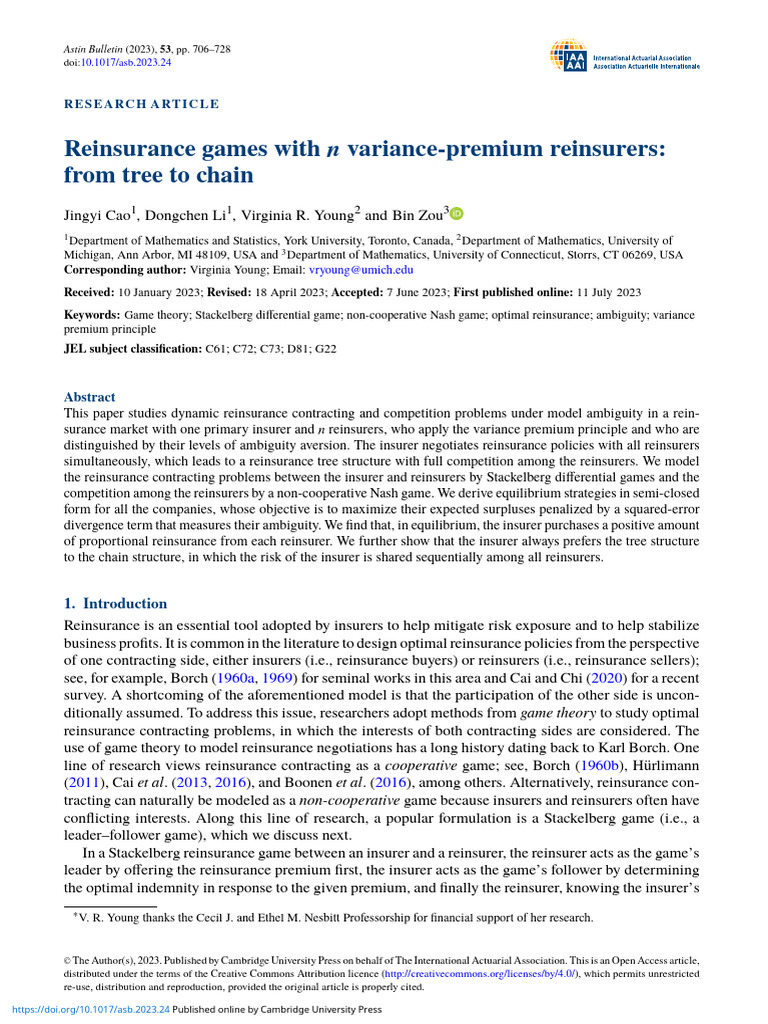 Reinsurance Games With Dollarboldsymbolndollar Variance Premium ...