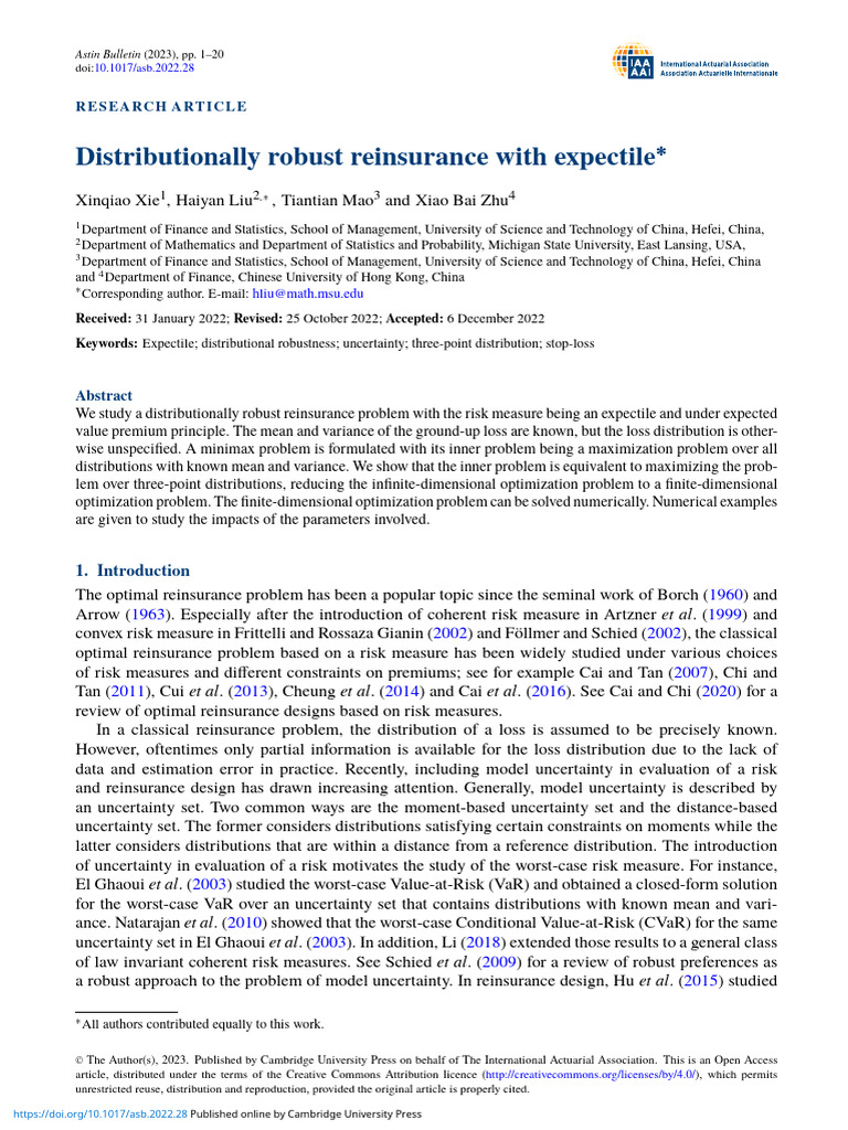 Distributionally Robust Reinsurance With Expectile | PDF | Reinsurance ...