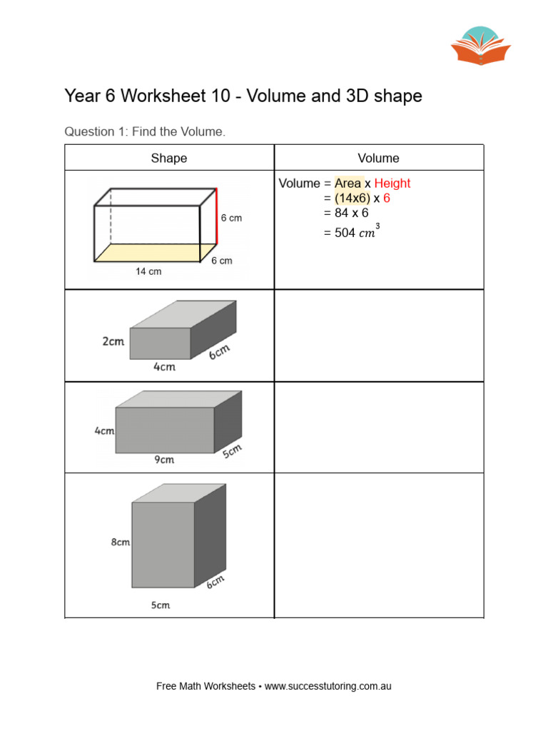 Year 6 Worksheet 10 Volume and 3D Shape | PDF | Volume | Area