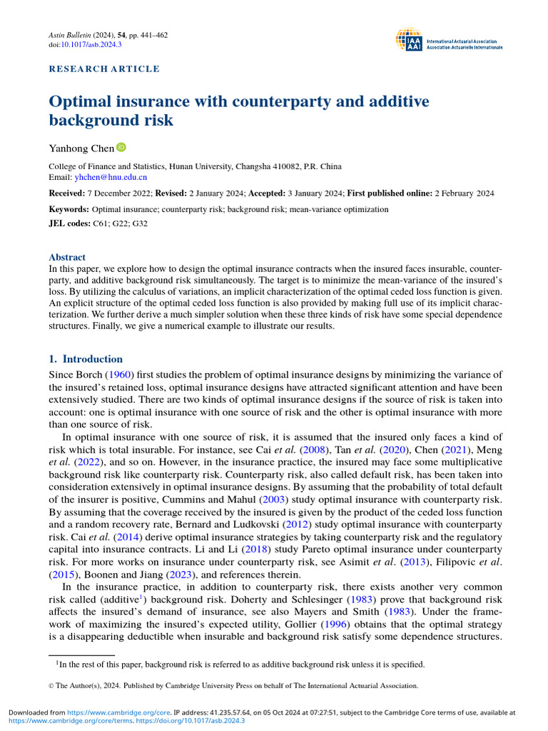 Optimal Insurance with Counterparty Risk | PDF | Insurance | Loss Function