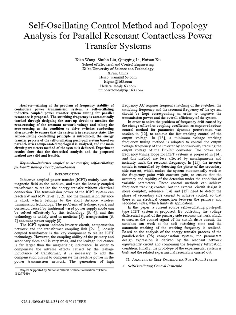 Self-Oscillating Control Method and Topology Analysis For Parallel Resonant Contactless Power ...