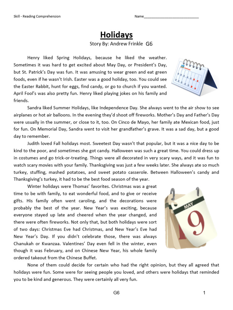 6th Holidays Sixth Grade Reading Comprehension Worksheet | PDF ...