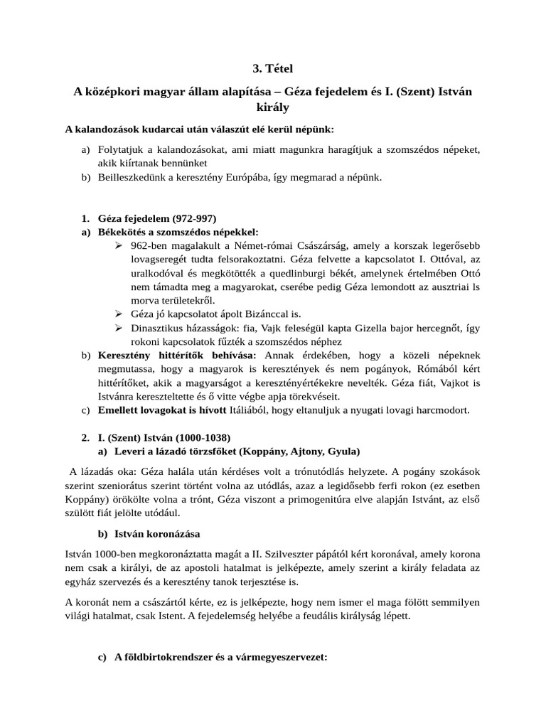 Tétel - Az Államalapítás | PDF