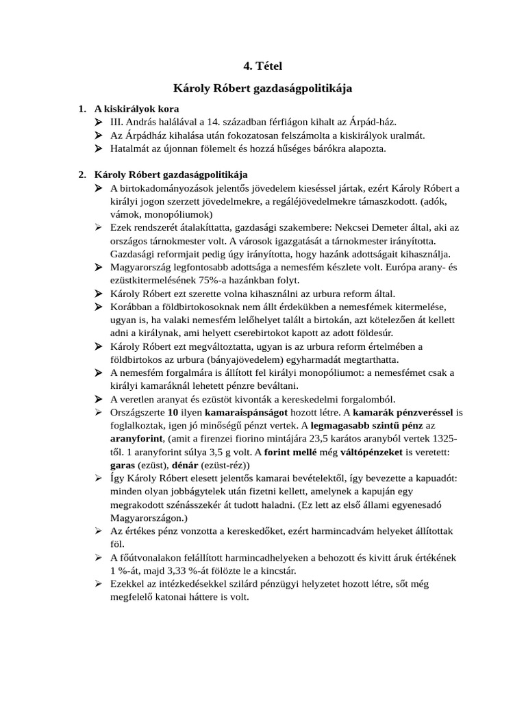 Tétel - Károly Róbert Gazdaságpolitikája | PDF