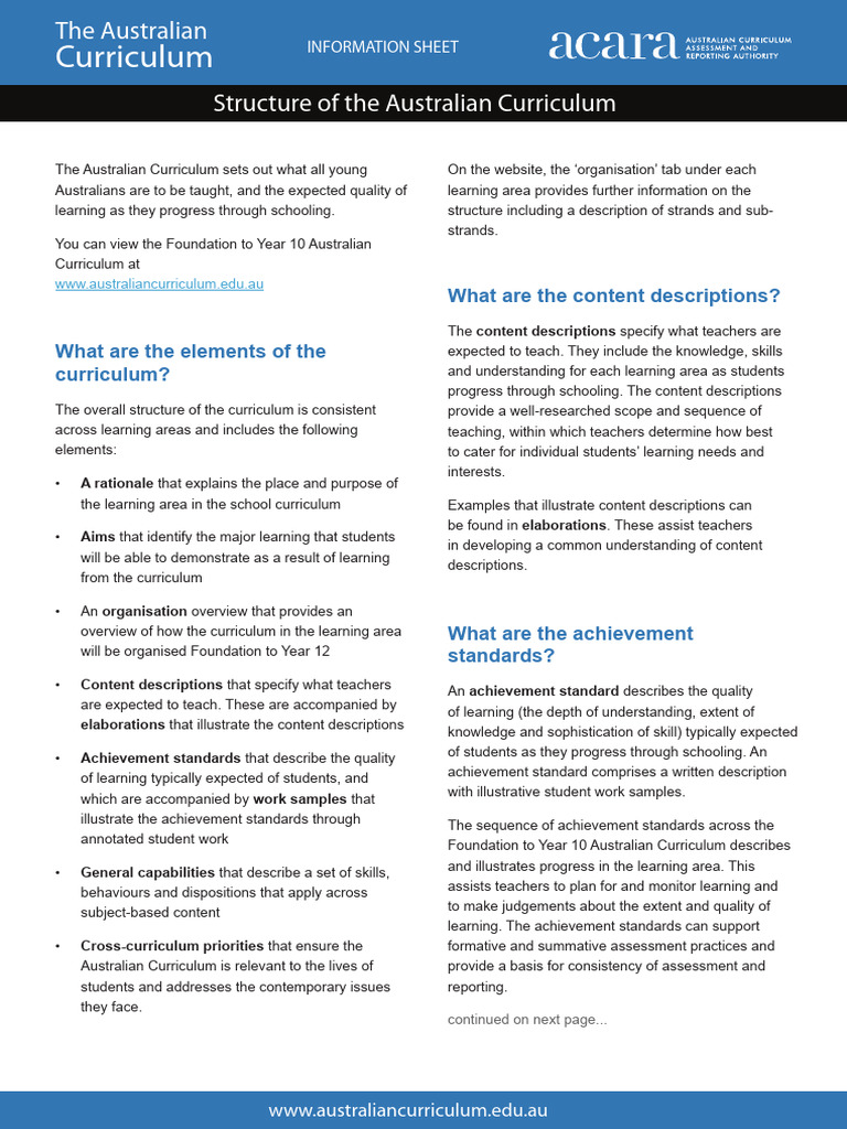 Information Sheet Structure of The Foundation To Year 10 Australian ...