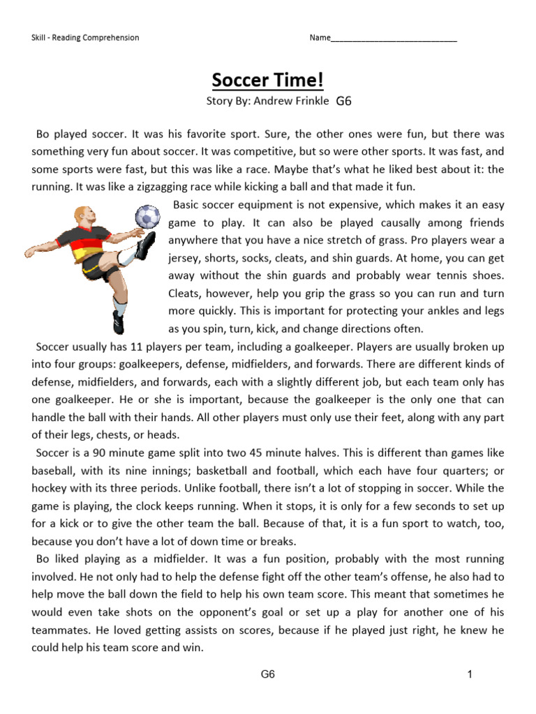 Soccer Reading Comprehension for Grade 6 | PDF | Association Football ...