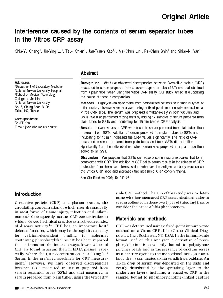 CRP Assay Discrepancies in SST Tubes | PDF | C Reactive Protein