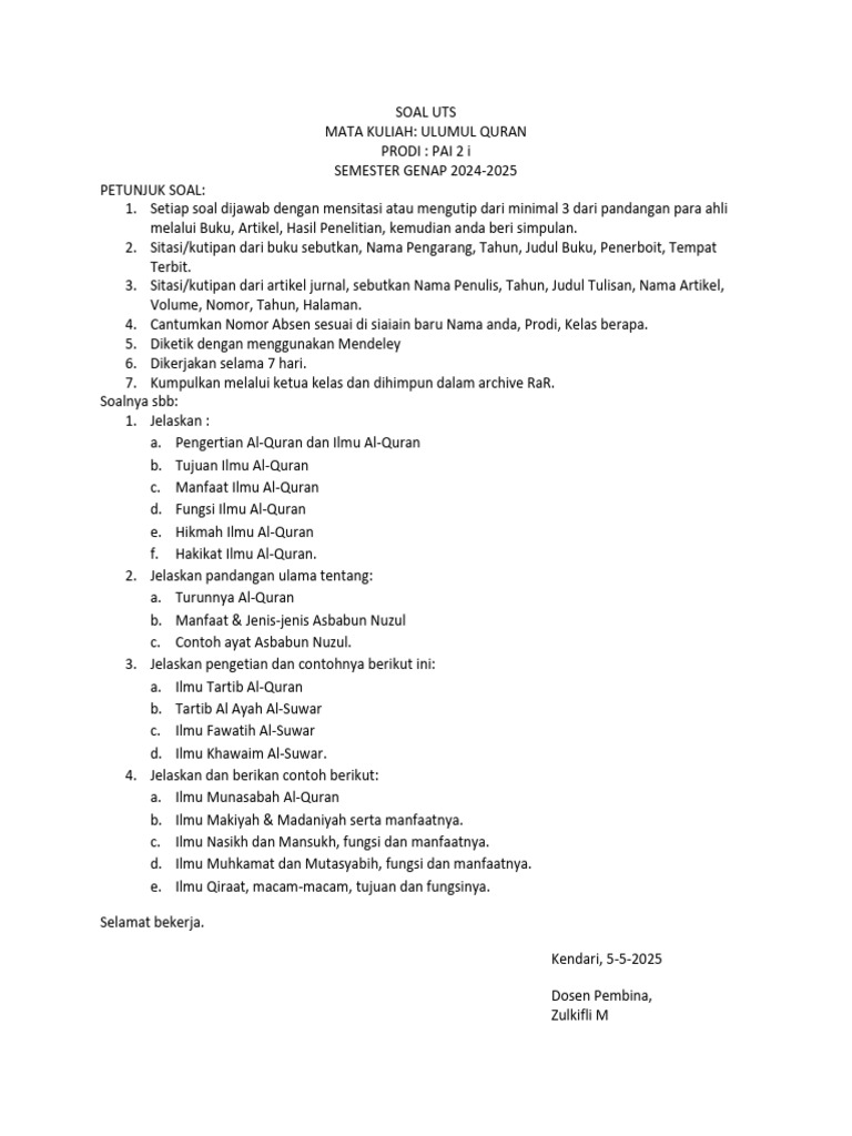 SOAL UTS MK ULUMUL QURAN SEM GENAP 2024-2025 PRODI PAI 2 i | PDF