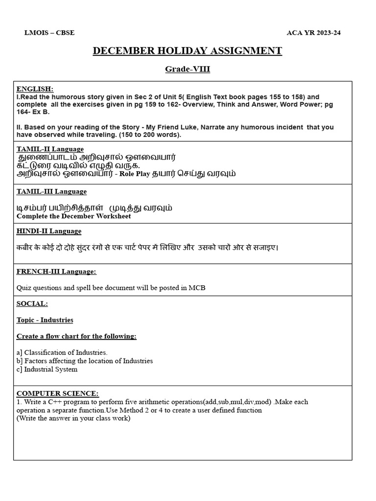 December - Holiday Assignment Sheet - Grade 8-2023-24 | PDF ...