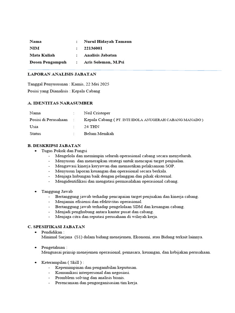 Laporan Analisis Jabatan | PDF