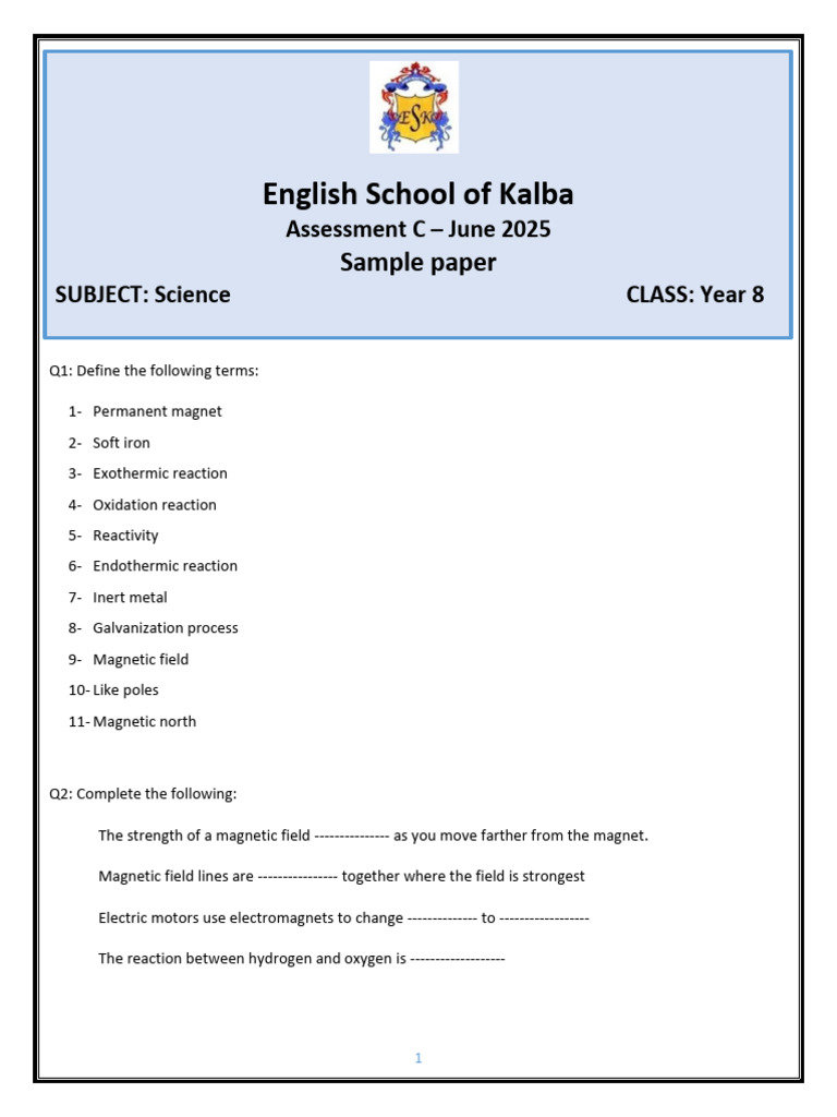 Assessment C sample paper Year 8 | PDF | Magnesium | Iron
