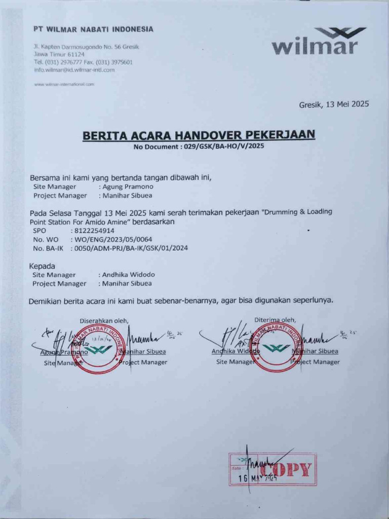 Ba Handover Pekerjaan Drumming & Loading Point Station For Amido Amine ...