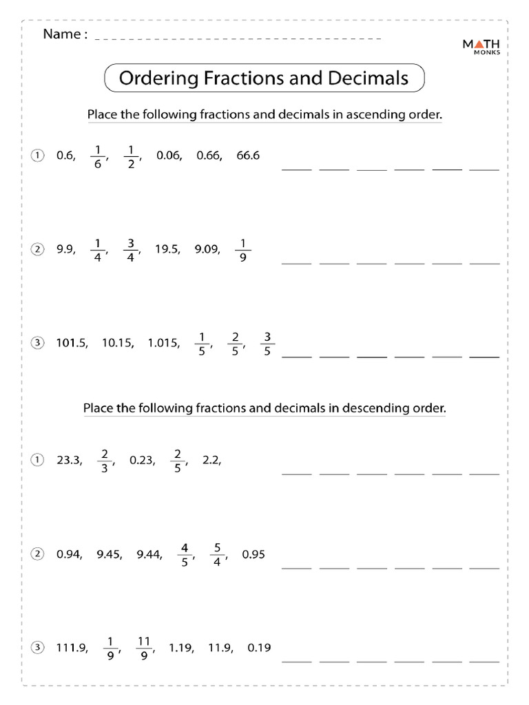 Ordering Fractions and Decimals Worksheet | PDF