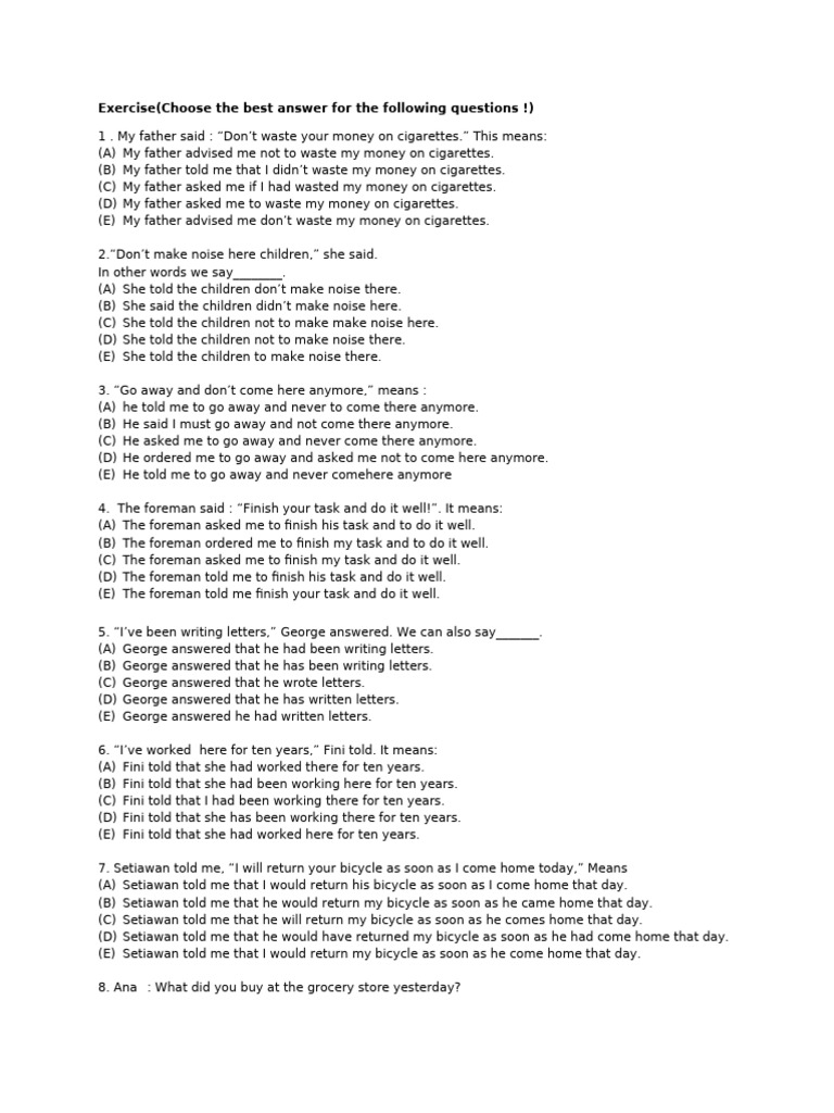Reported Speech Exercises with Answers | PDF