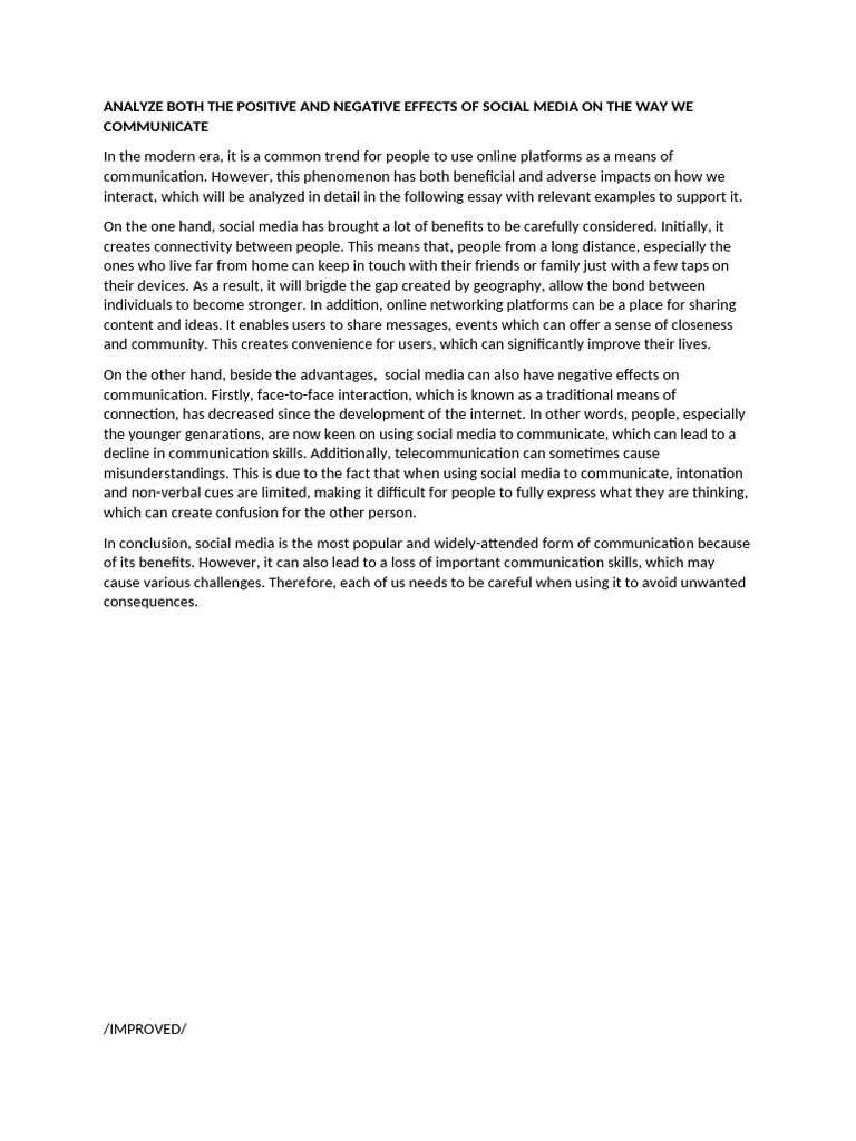 Analyze Both The Positive and Negative Effects of Social Media On The ...